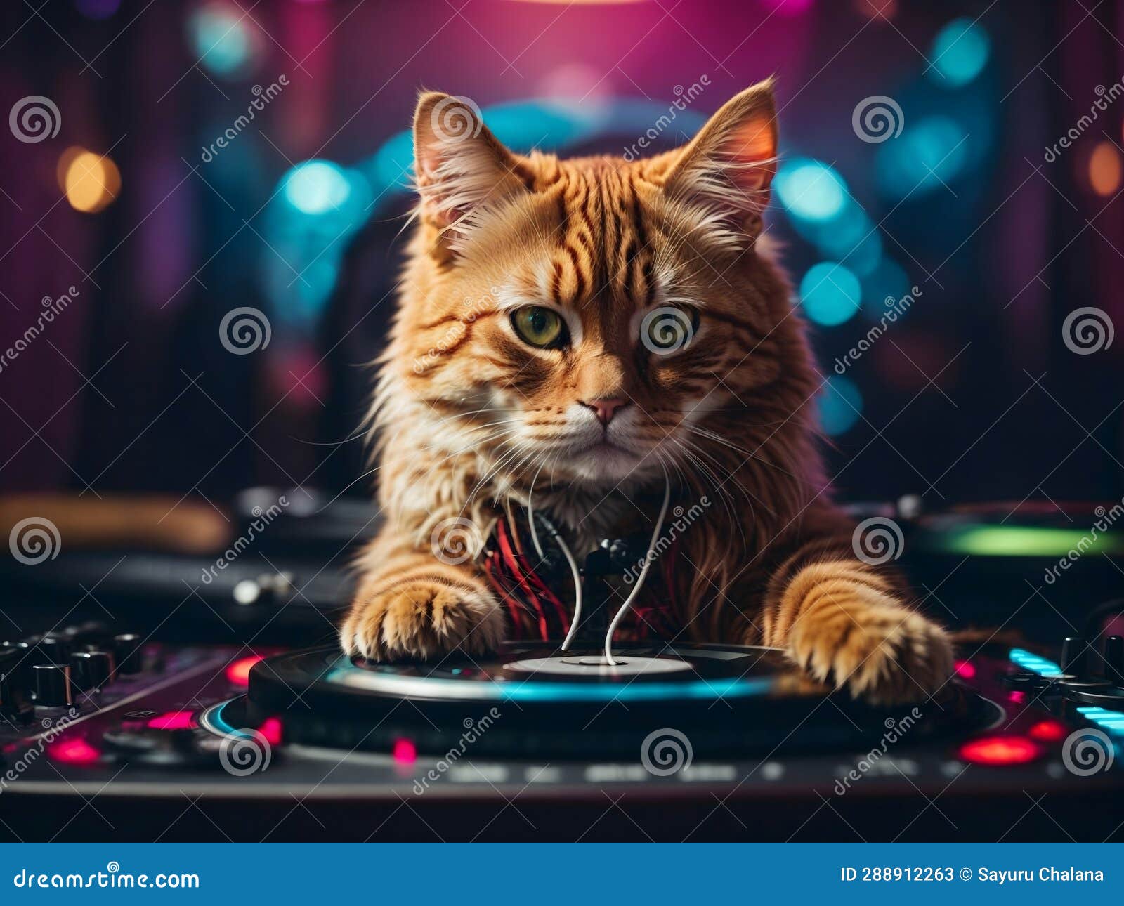 Cute Dj Cat in Colourful Background Stock Image - Image of background ...