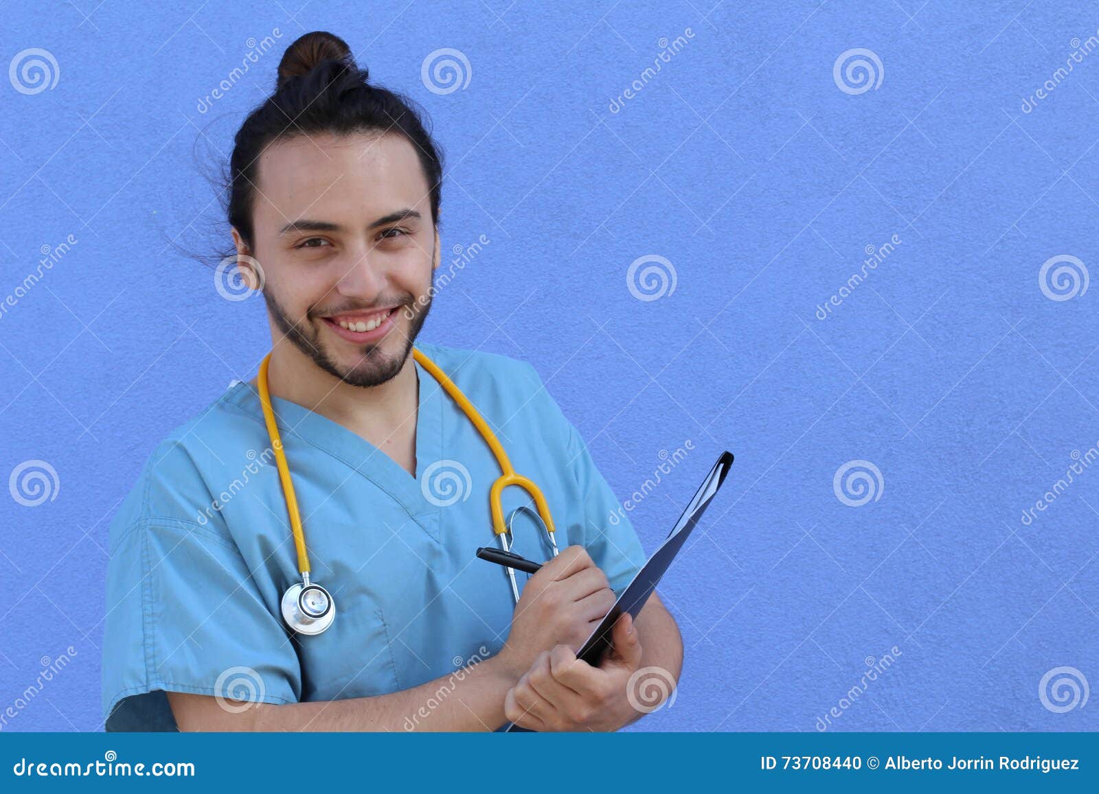 Cute Doctor Nerd with Man Bun and Copy Space Stock Photo - Image of ...