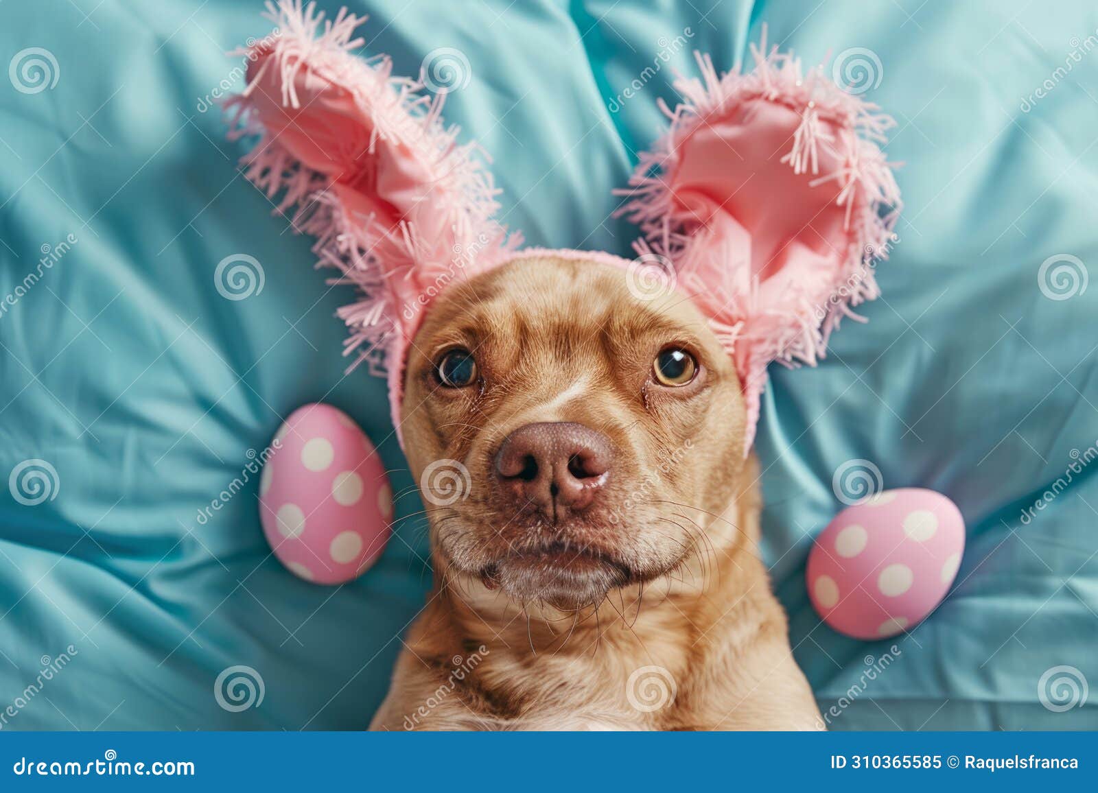 Cute Dog in Bunny Ears with Easter Eggs on Bed, Top View Stock ...