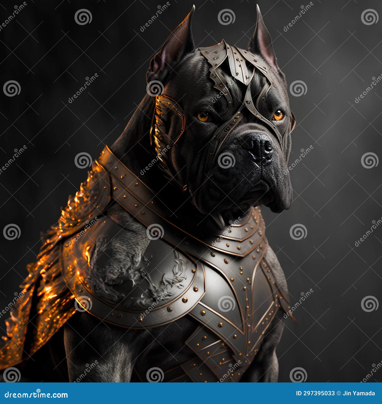 Cute Dog Dressed in Medieval Knight Armor. Studio Shot on Dark ...