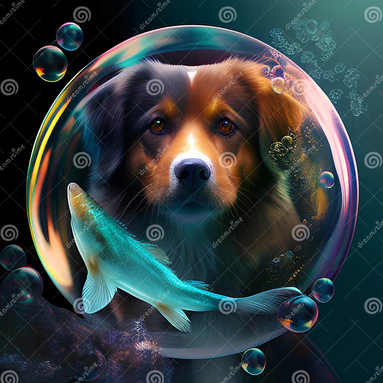 Cute Dog with Fish in the Sphere. 3D Rendering Stock Illustration ...