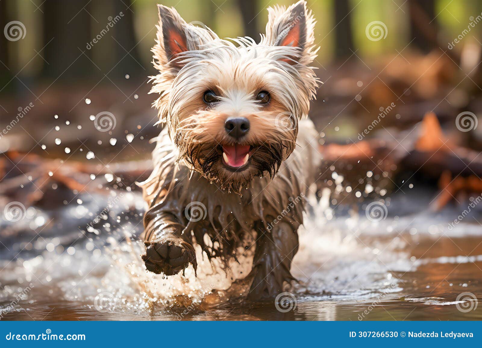 A Cute Dog Runs through Puddles, the Time of Year is Spring. the Ice ...