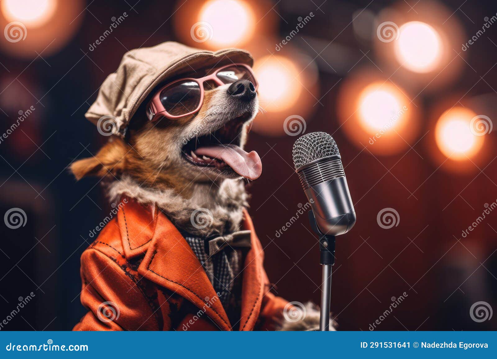 Cute Dog in Suit and Hat Sings into a Microphone on Stage Stock ...