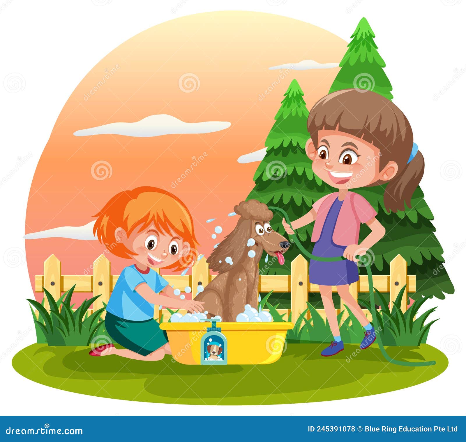 Cute Dog Take a Bath with Kids on White Background Stock Vector ...