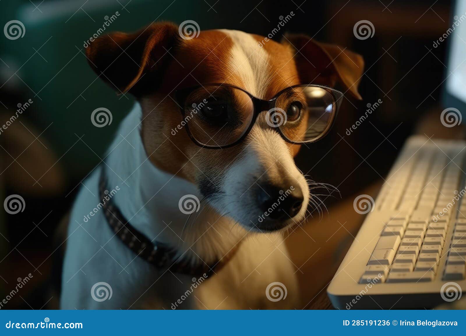 Cute Dog Working at Home Office on Computer Stock Illustration ...
