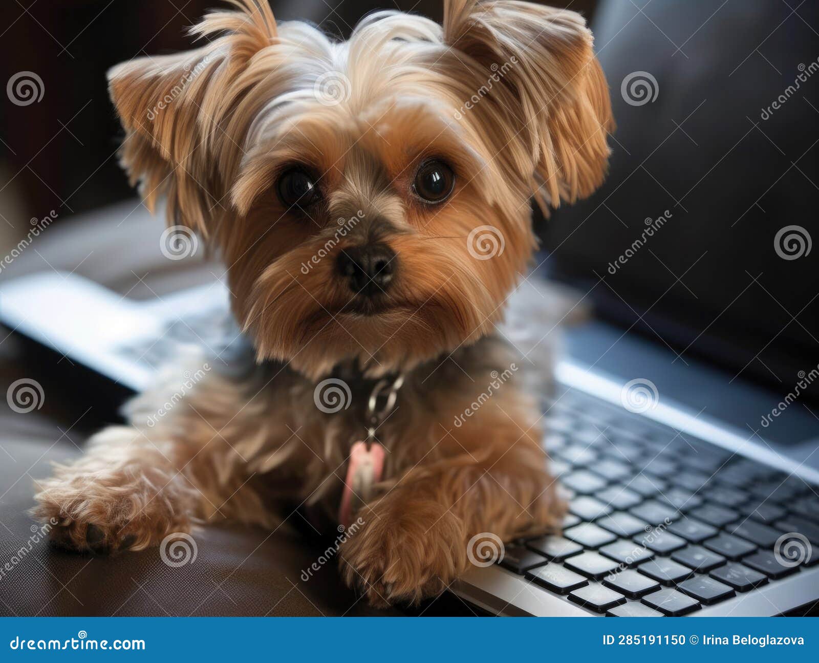 Cute Dog Working at Home Office on Computer Stock Illustration ...