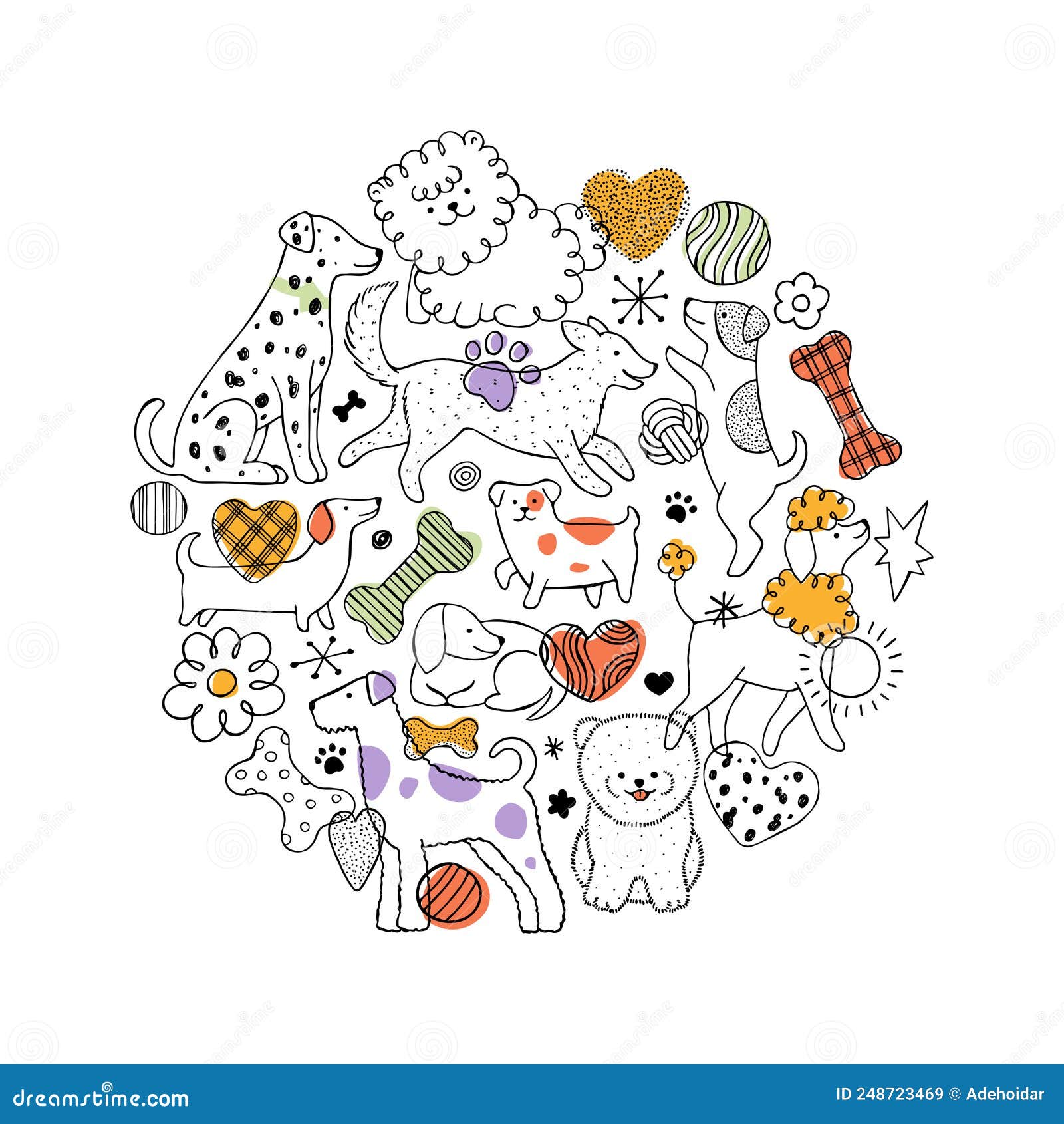 Cute Dogs and Elements Composition. Linear Graphic. Animal Background ...