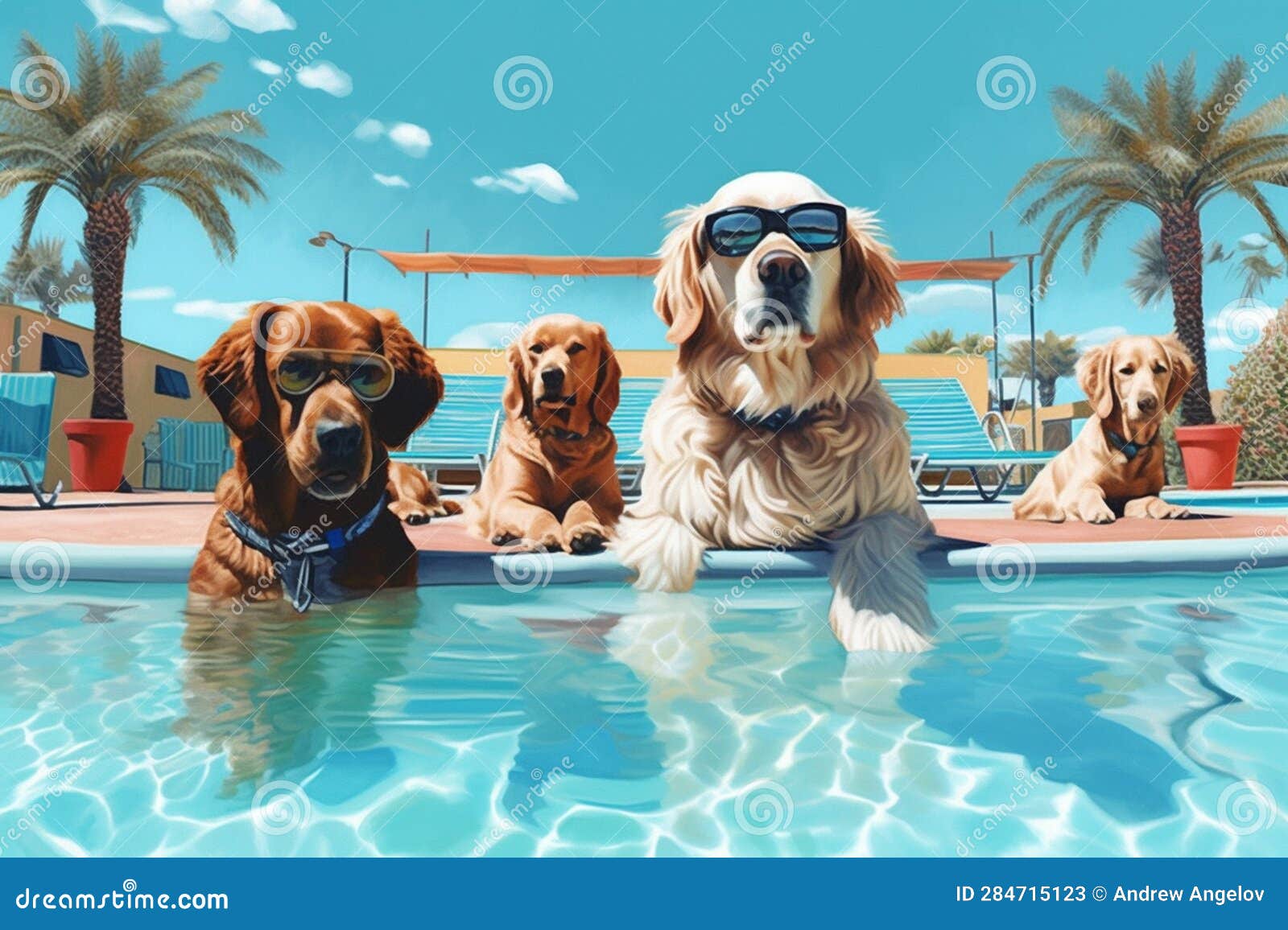Cute Dogs at Pool Party Generative AI Stock Illustration - Illustration ...