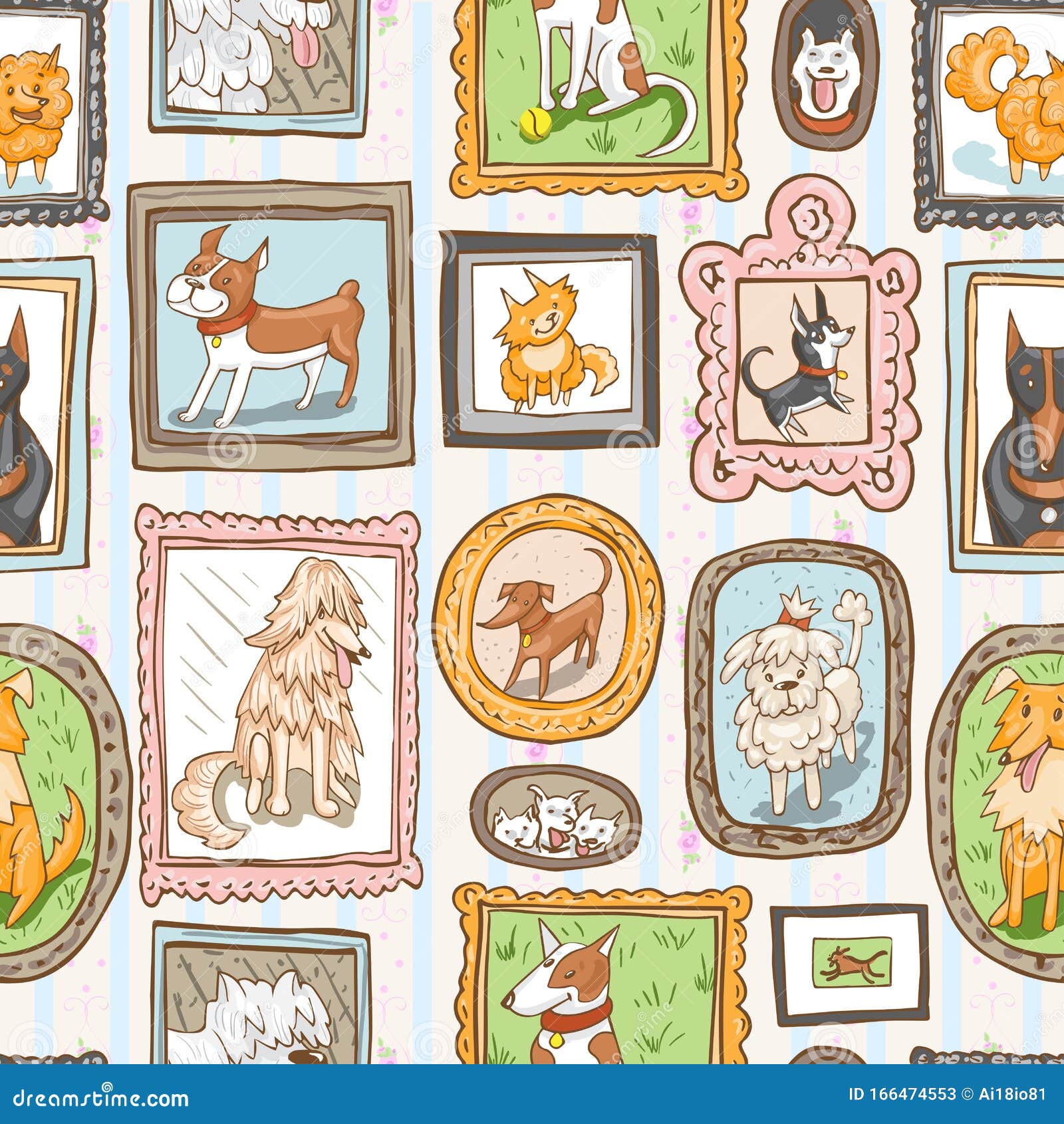 Cute Dogs Retro Portraits Seamless Pattern. Vintage Vector Background ...