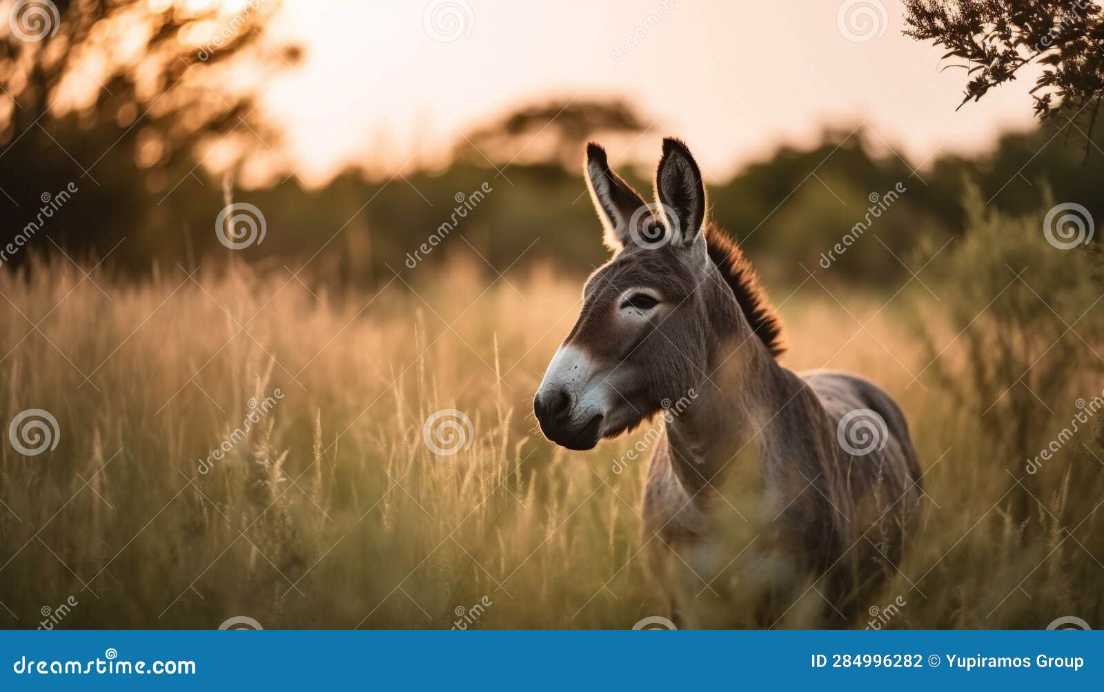 Cute Donkey Grazes on Green Meadow Under the Setting Sun Generated by ...