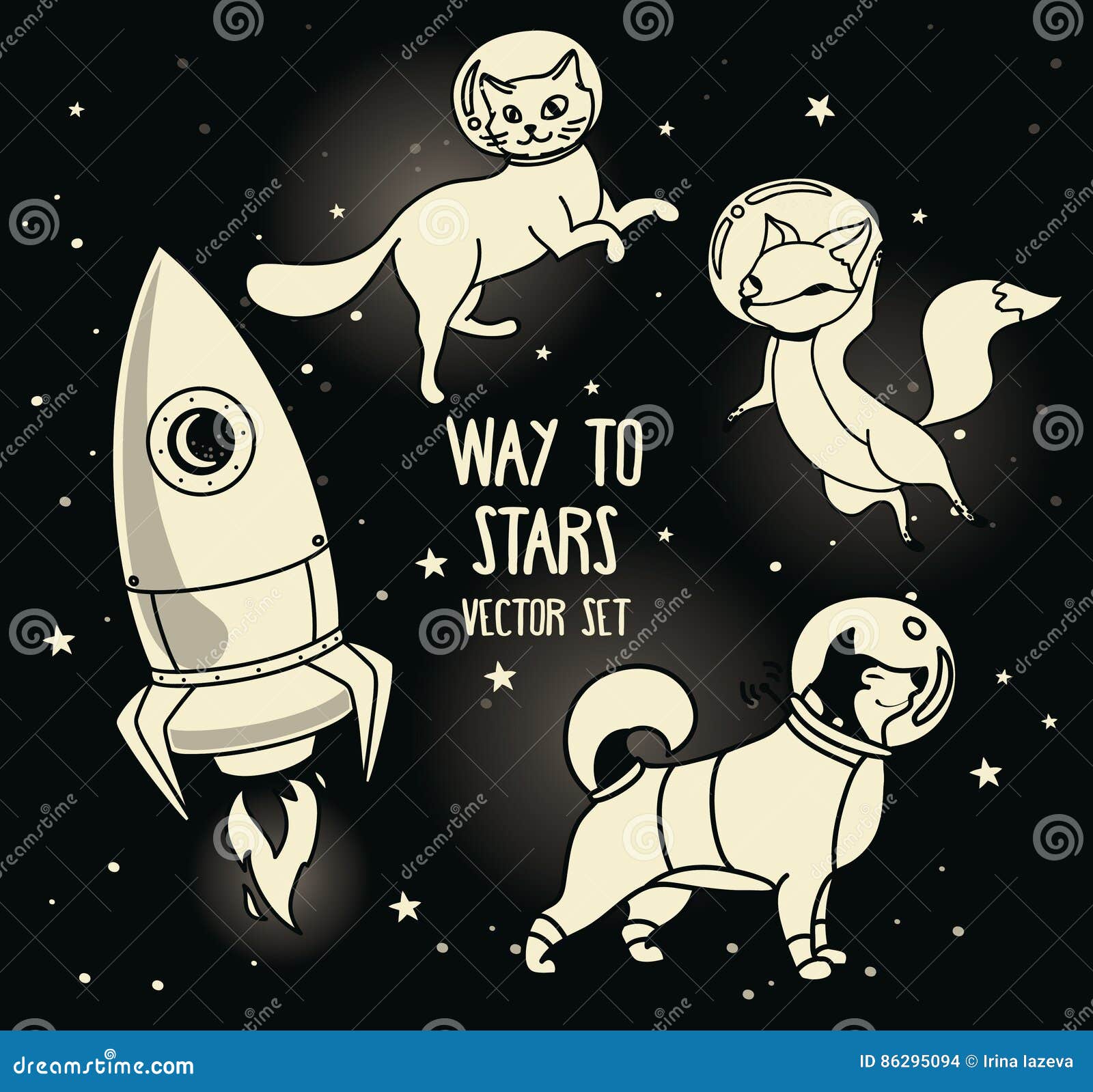 Cute Doodle Animal-astronauts and Retro Style Rocket Floating in Space ...