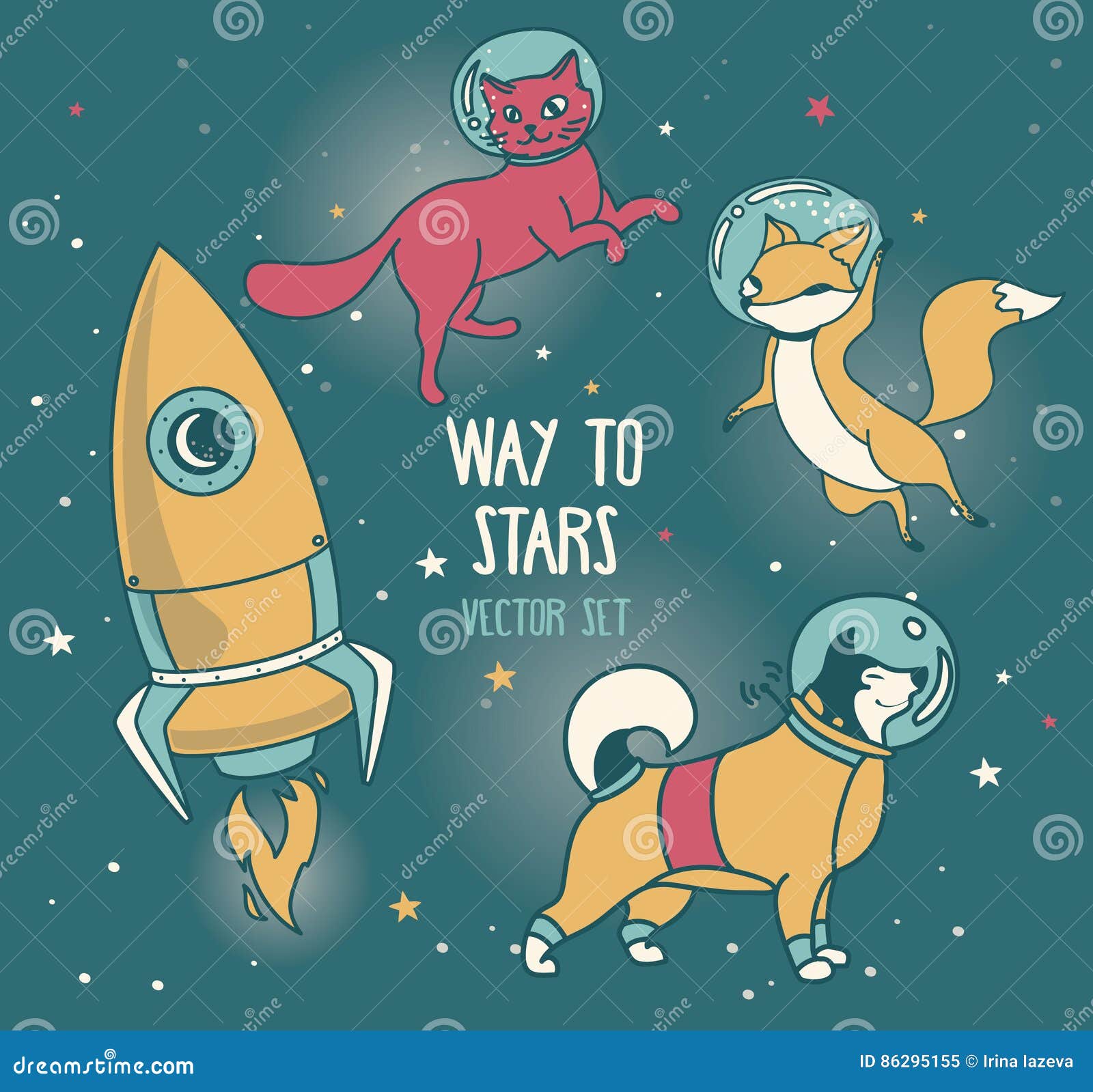 Cute Doodle Animal-astronauts and Retro Style Rocket Floating in Space ...