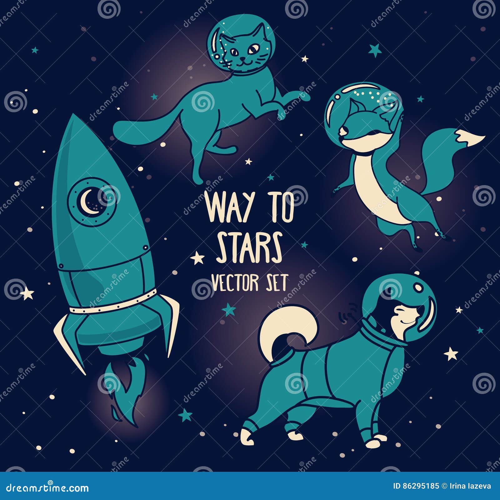 Cute Doodle Animal-astronauts and Retro Style Rocket Floating in Space ...