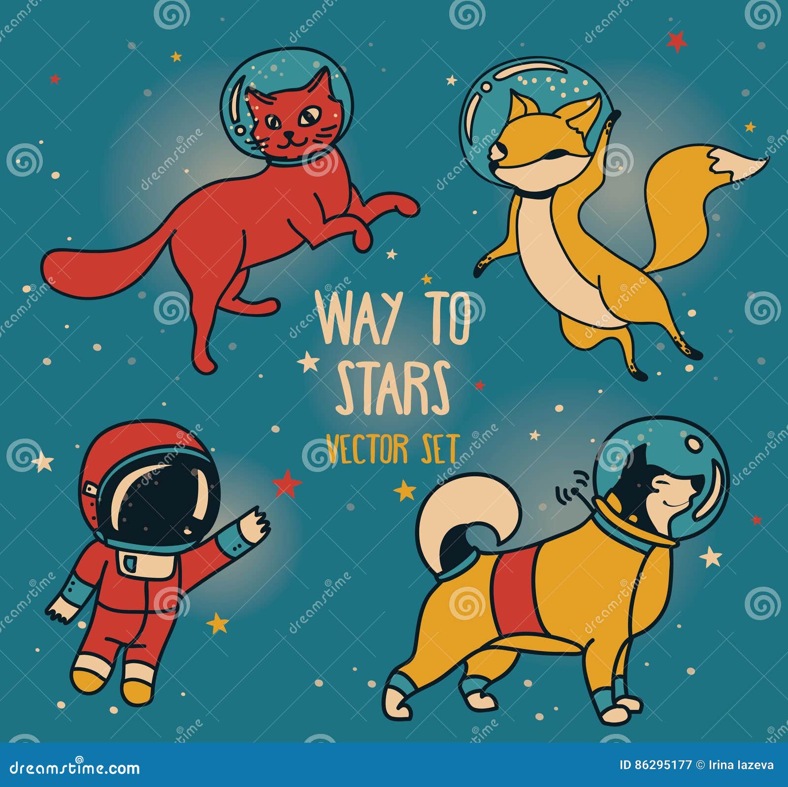 Cute Doodle Astronaut and Animal-astronauts and Retro Style Rocket ...