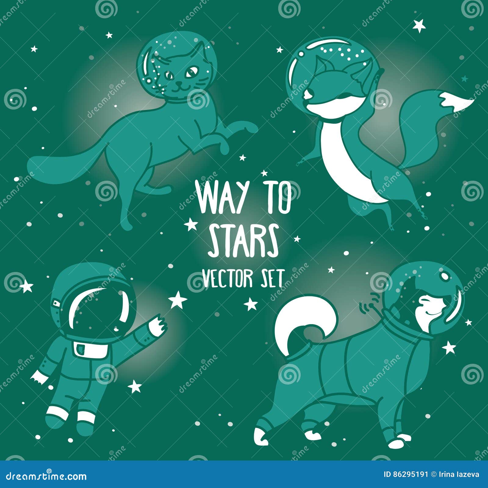 Cute Doodle Astronaut and Animal-astronauts and Retro Style Rocket ...