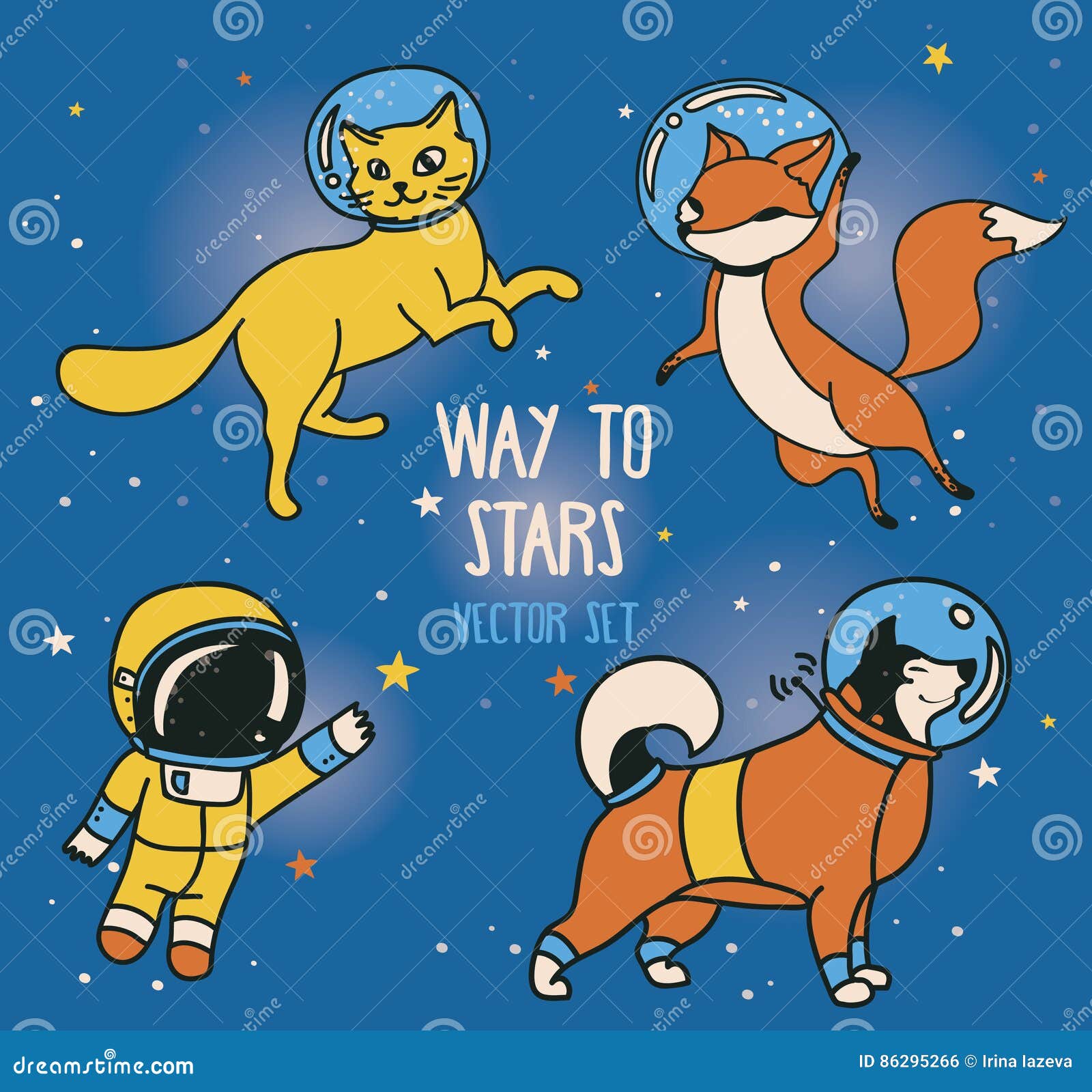 Cute Doodle Astronaut and Animal-astronauts and Retro Style Rocket ...