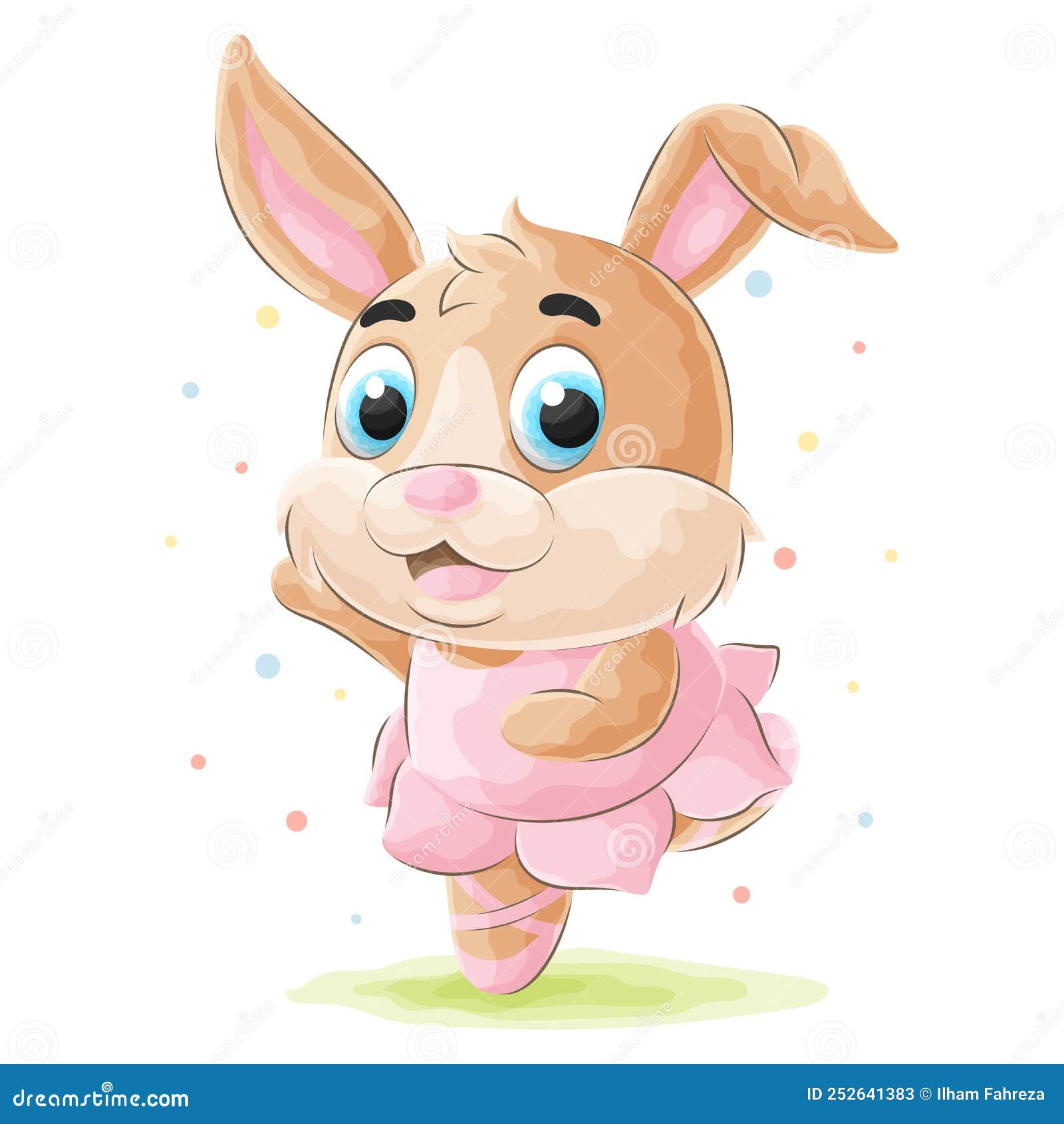 Cute Doodle Bunny Dancing with Watercolor Illustration Stock ...
