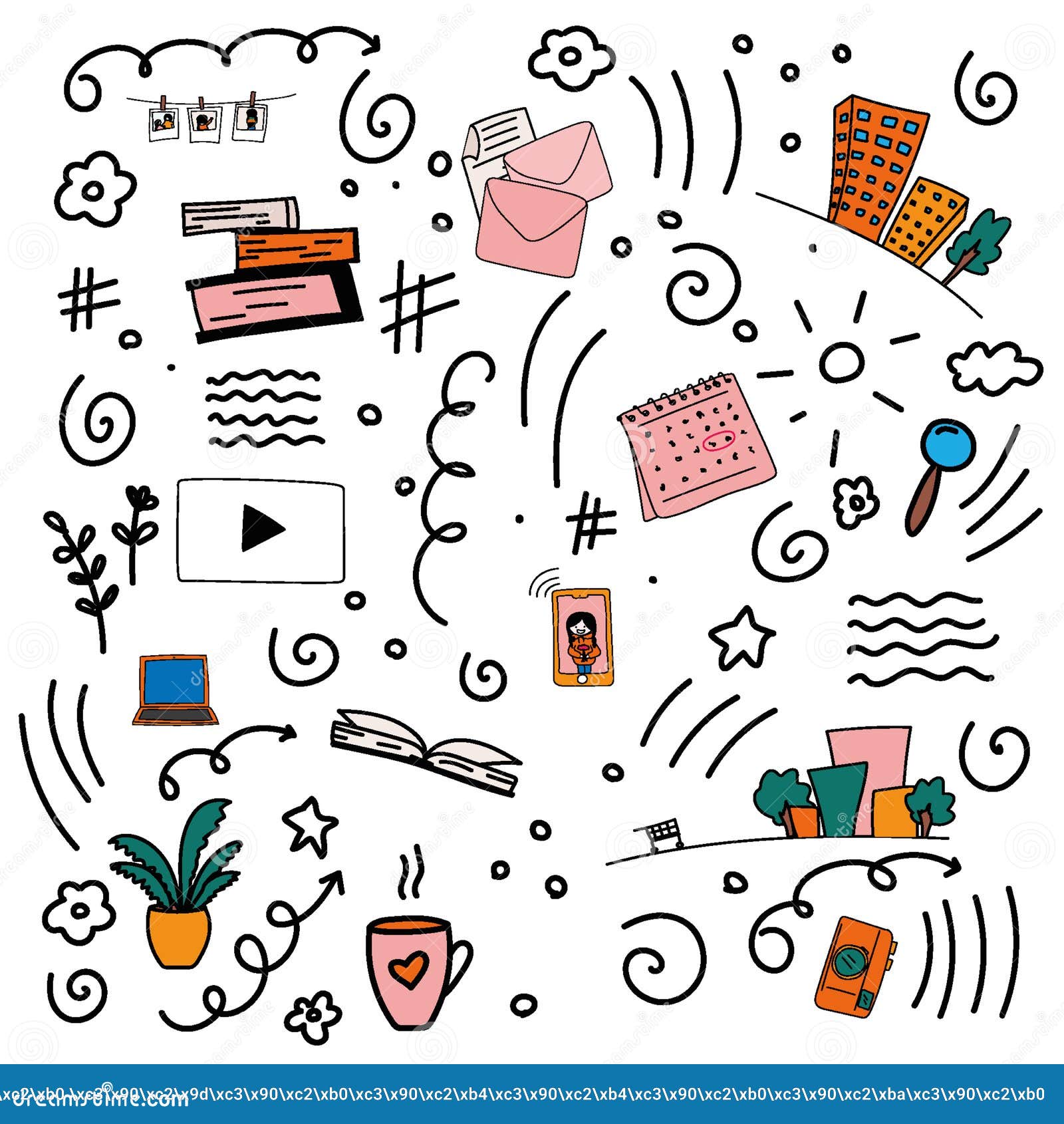 Cute Doodle, Camera Computer Books at Home Stock Vector - Illustration ...