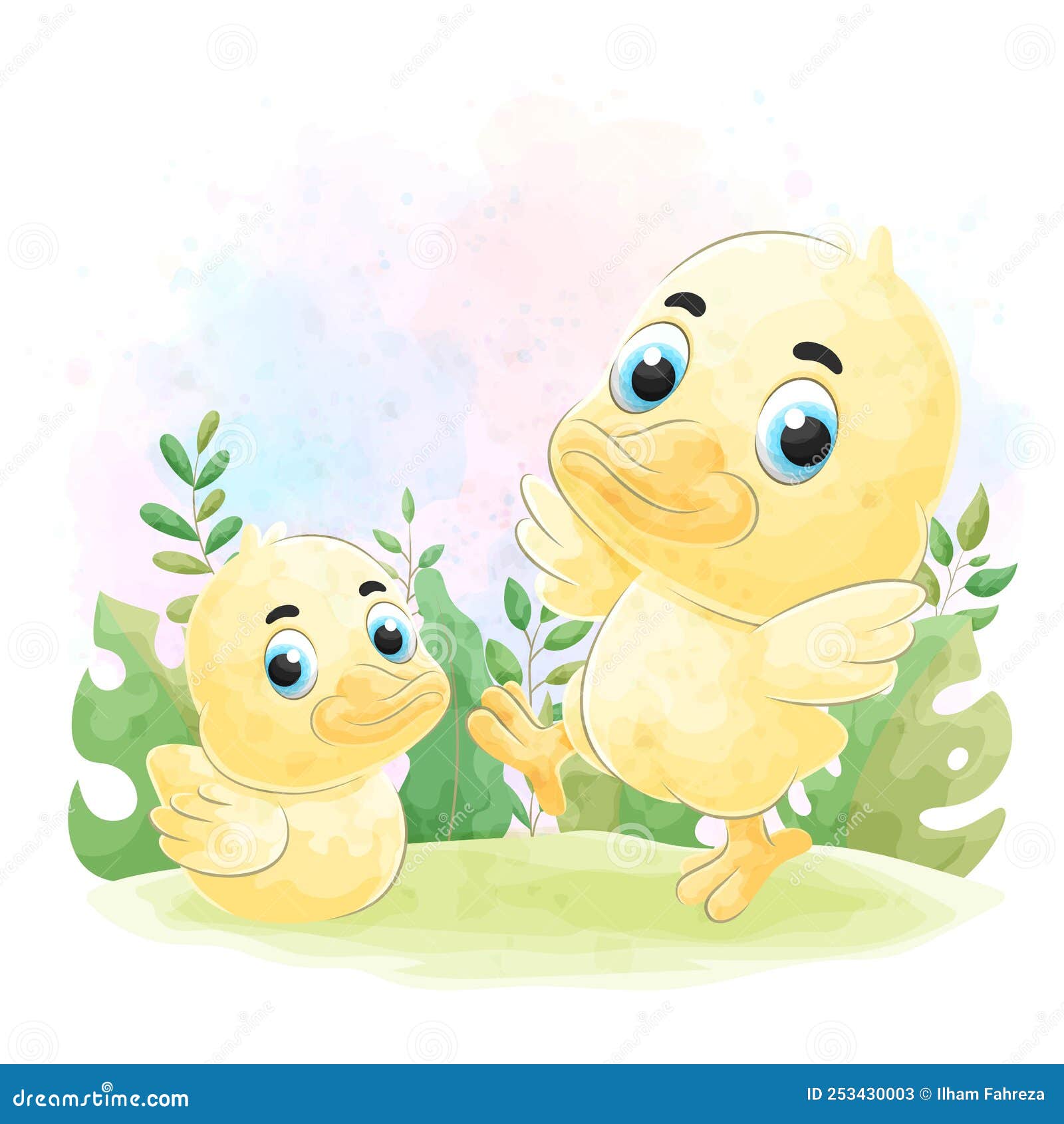 Cute Doodle Duck with Watercolor Illustration Stock Illustration ...