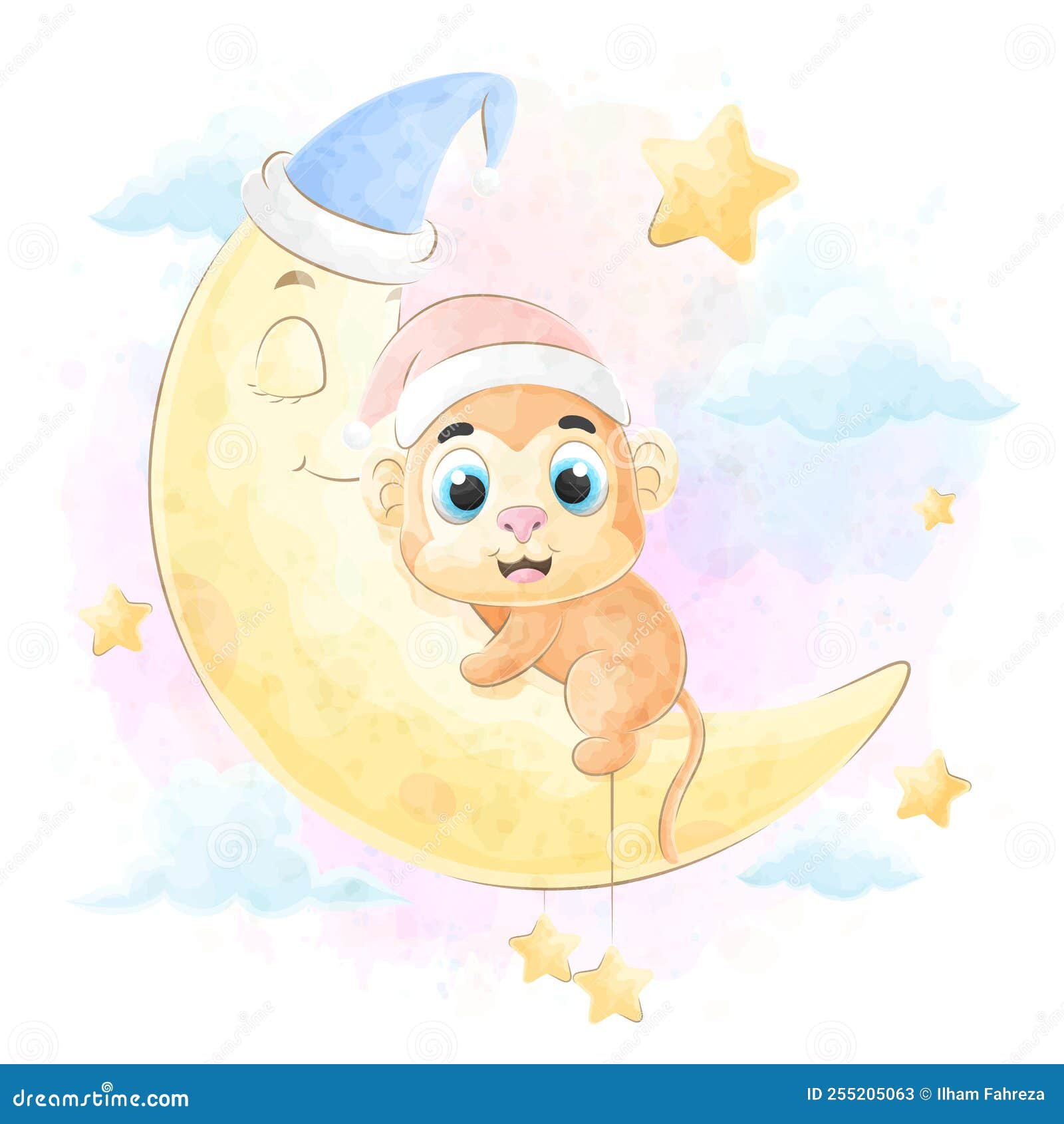 Cute Doodle Monkey and Moon Cub with Watercolor Illustration Stock Vector - Illustration of ...