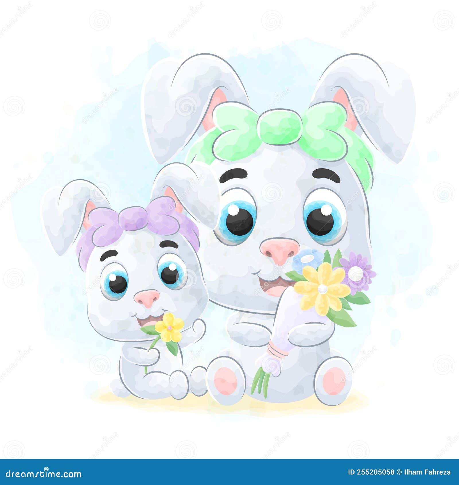 Cute Doodle Rabbit with Watercolor Illustration Stock Vector ...