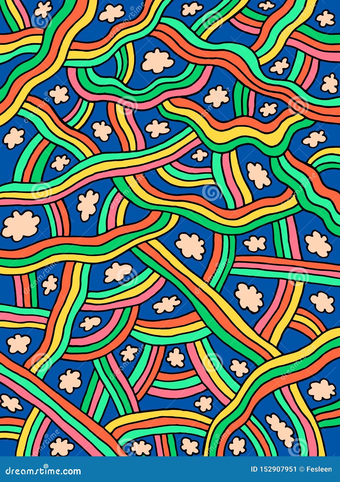 Cute Doodle Texture with Clouds and Rainbows. Cartoon Colorful Artwork ...