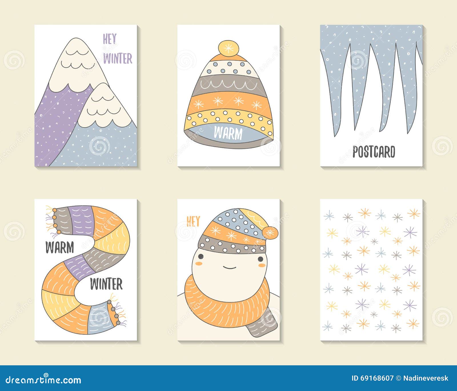 Cute Doodle Winter Theme Cards, Brochures Stock Vector - Illustration ...
