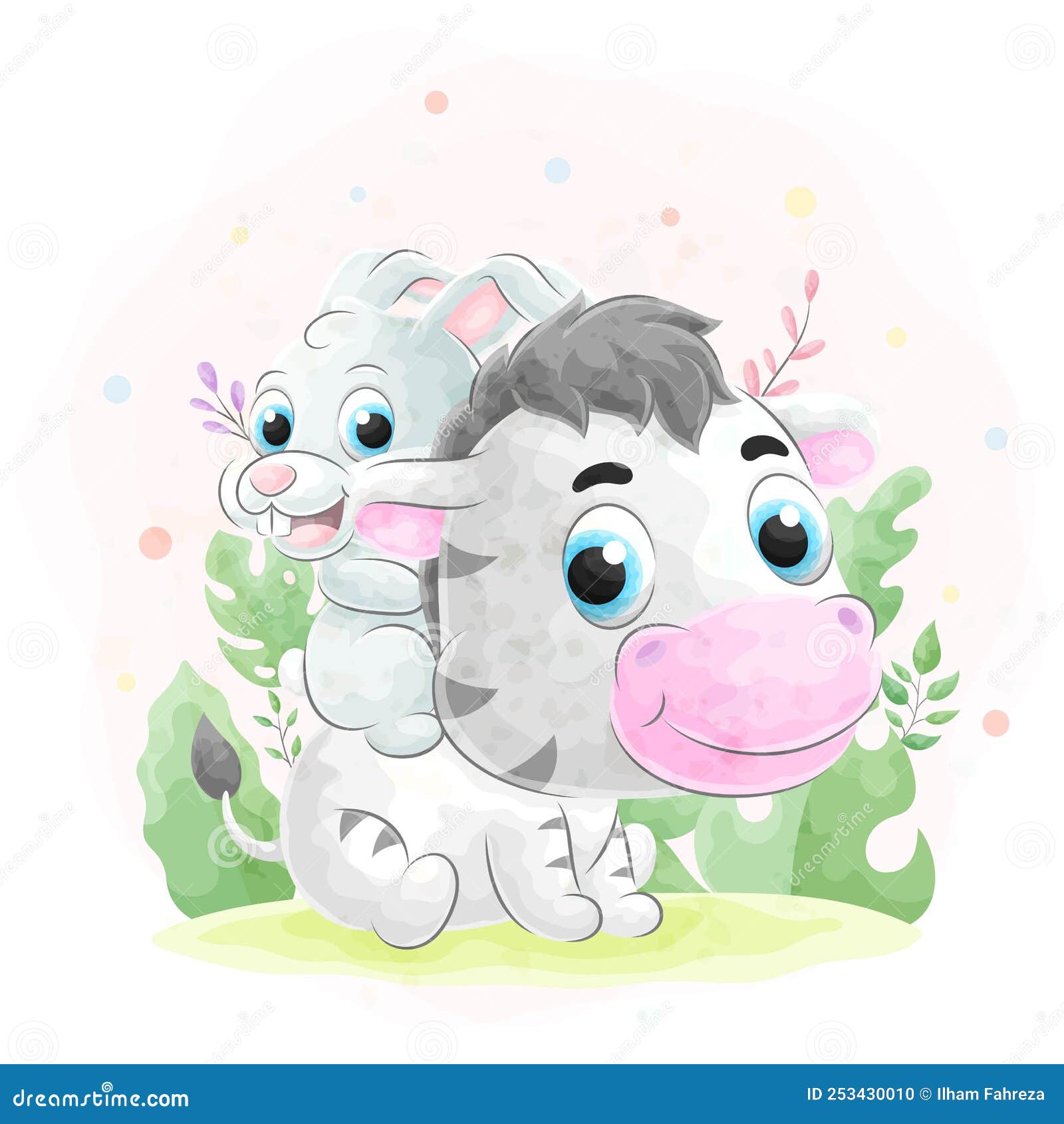 Cute Doodle Zebra and Rabbit with Watercolor Illustration Stock ...