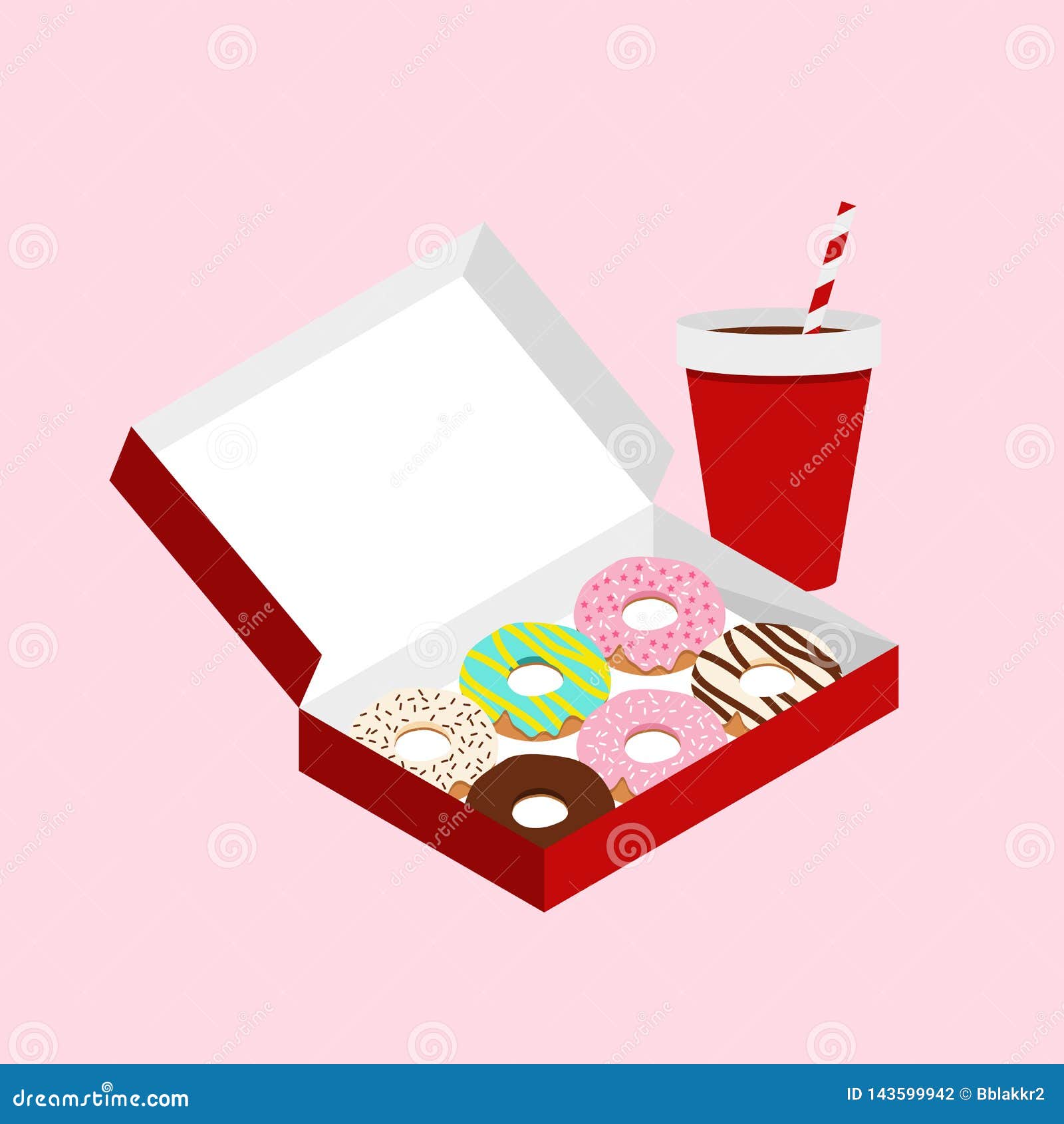 Cute Doughnuts in Red Paper Box on Pastel Pink Background Stock Vector ...