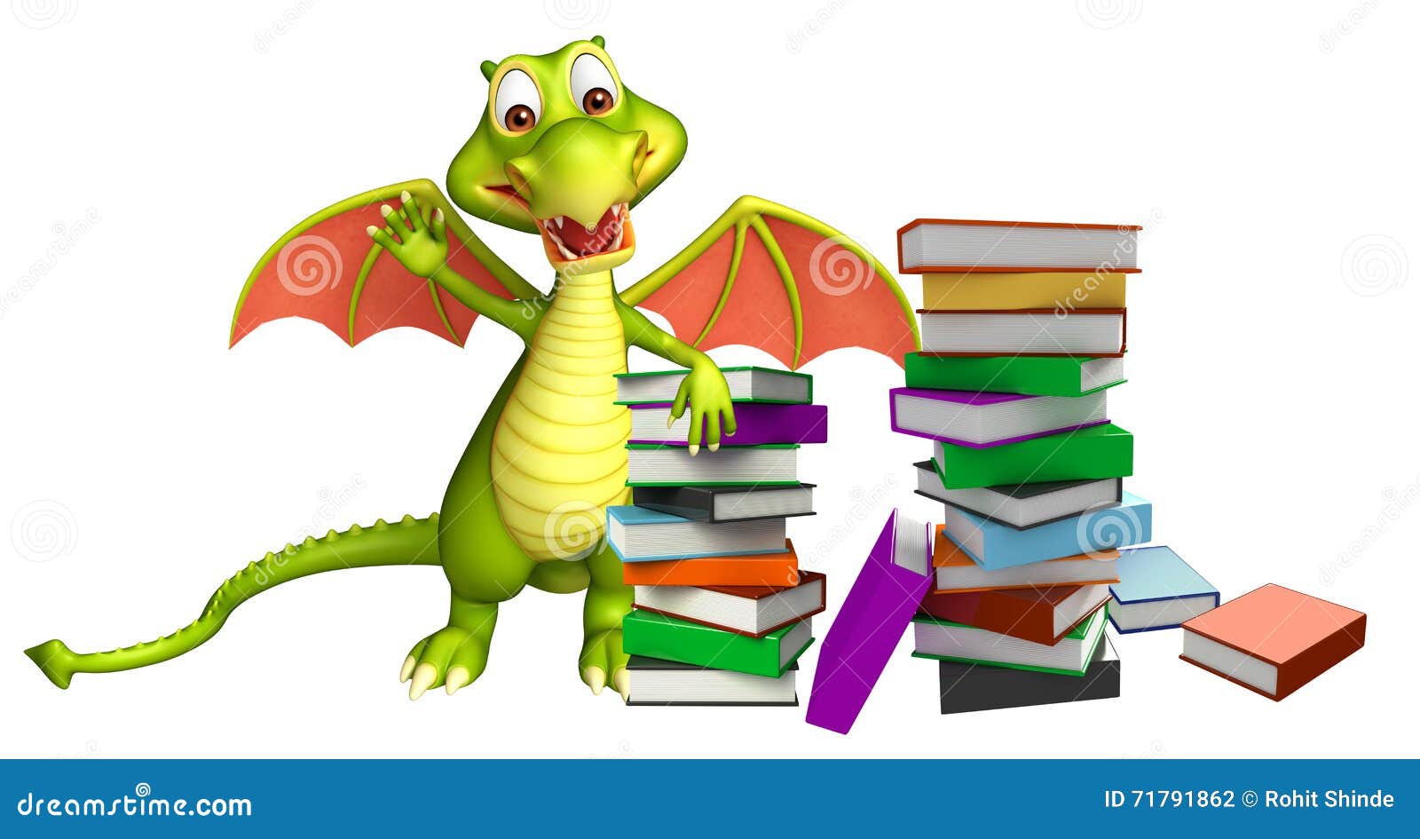Cute Dragon Cartoon Character with Book Stack Stock Illustration ...