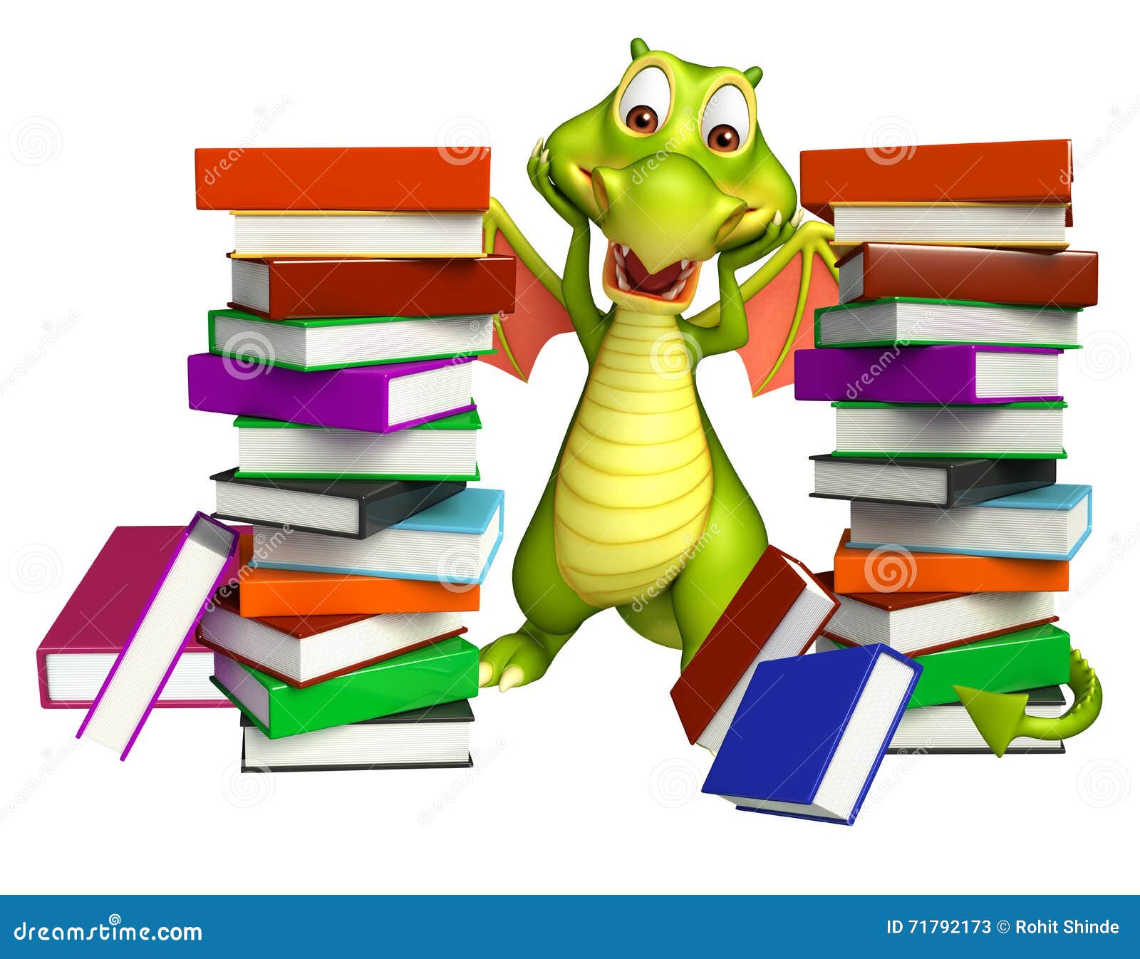 Cute Dragon Cartoon Character with Book Stack Stock Illustration ...