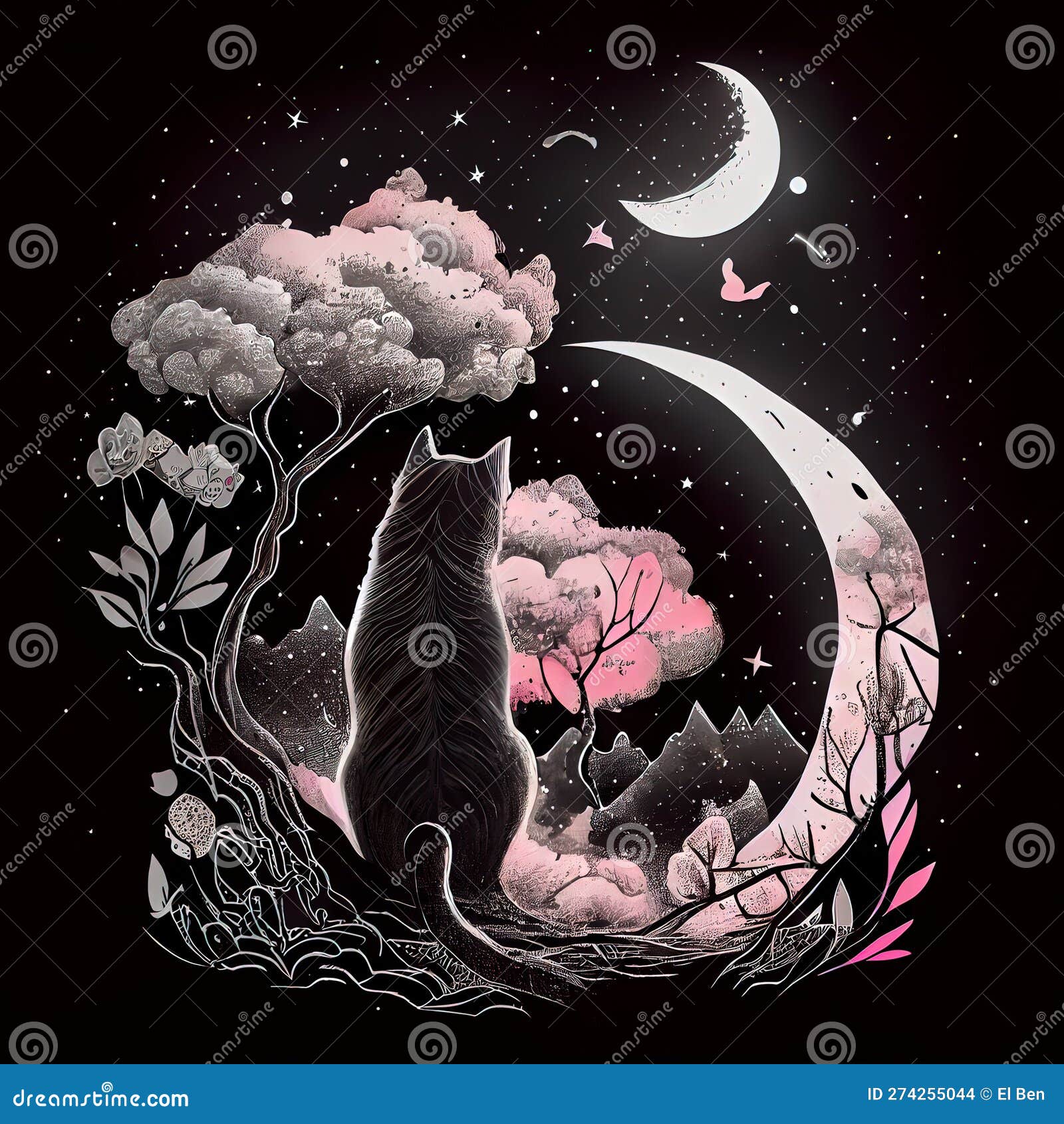 Cute Dream Cat Ink Illustration - Ai Generated Stock Illustration ...