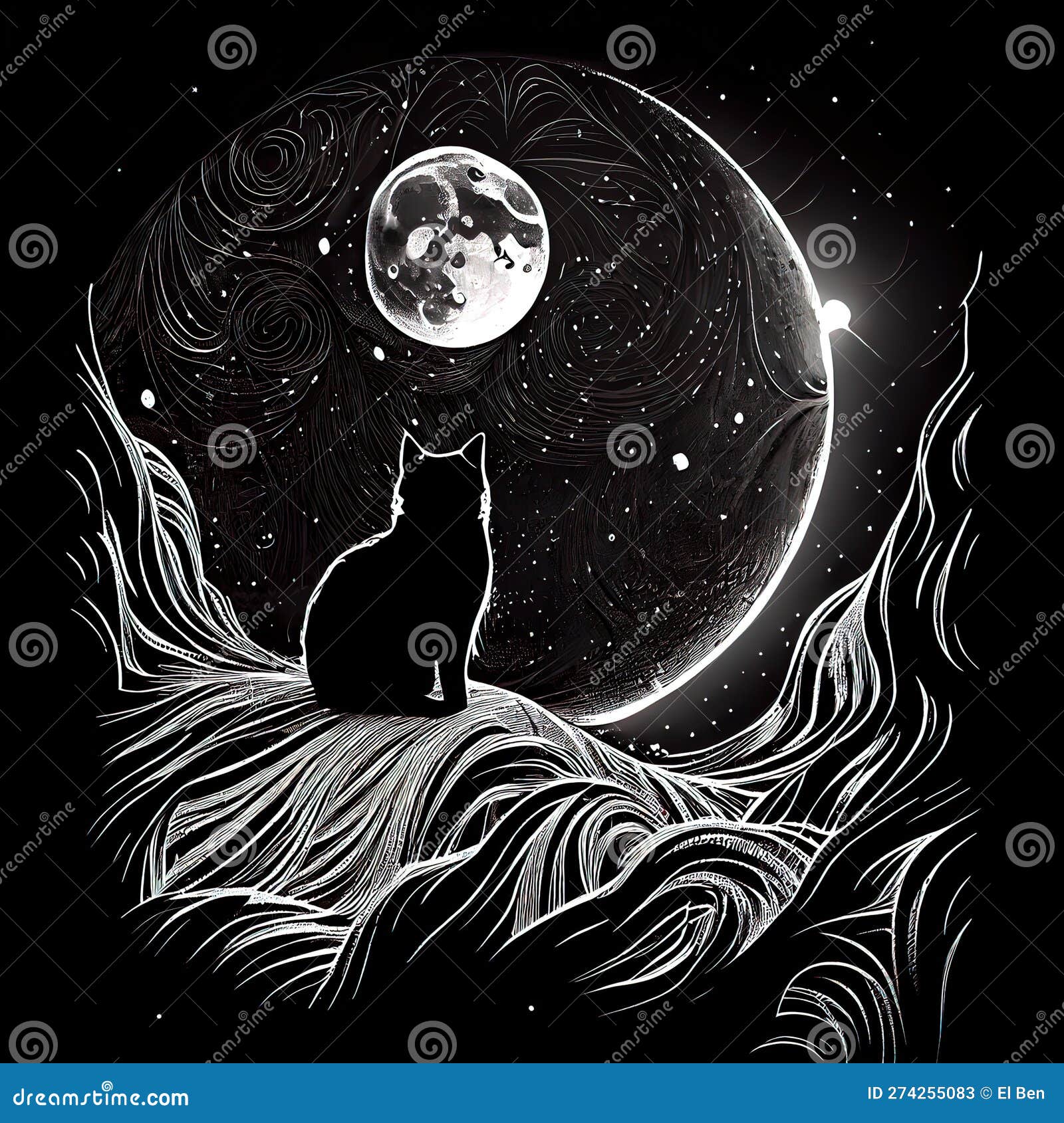 Cute Dream Cat Ink Illustration - Ai Generated Stock Illustration ...