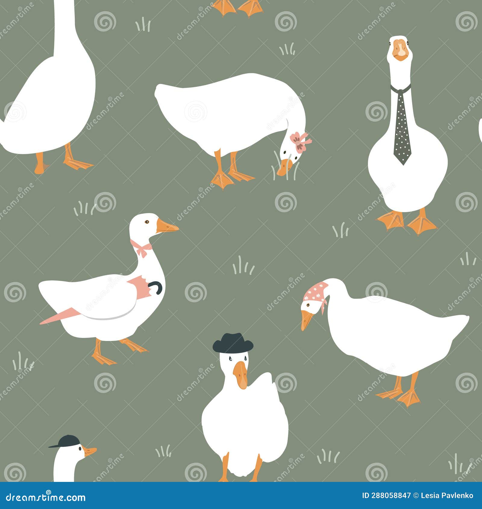 Cute Dressed Geese Seamless Pattern. Goose in a Hat, Tie, Scarf, and ...