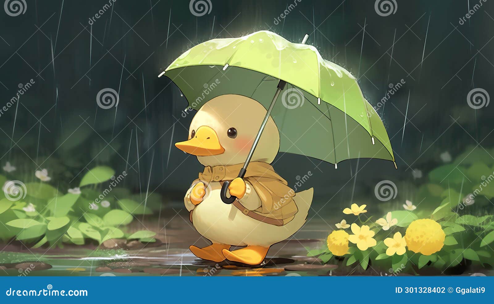 A Cute Duck with an Umbrella, Anime Version Stock Illustration ...