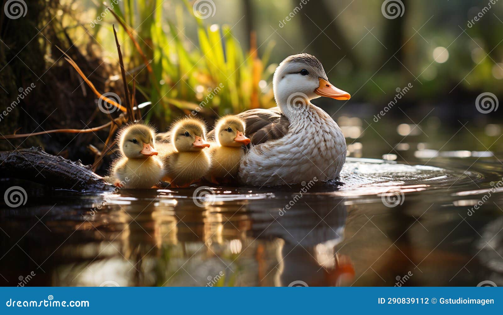 Cute Duckling Quacking, Looking at Reflection in Pond Water Generated by AI Stock Photo - Image ...