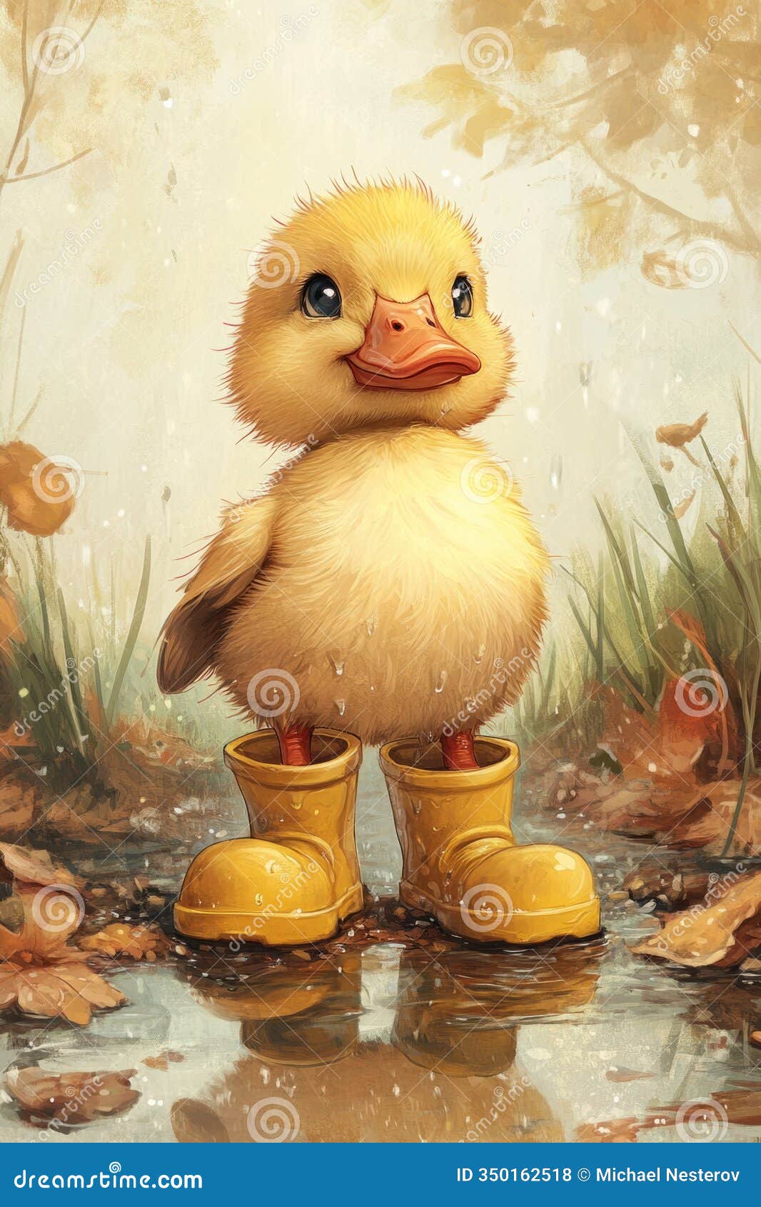 Cute Duckling Wearing Yellow Rubber Boots Standing in the Rain Stock ...