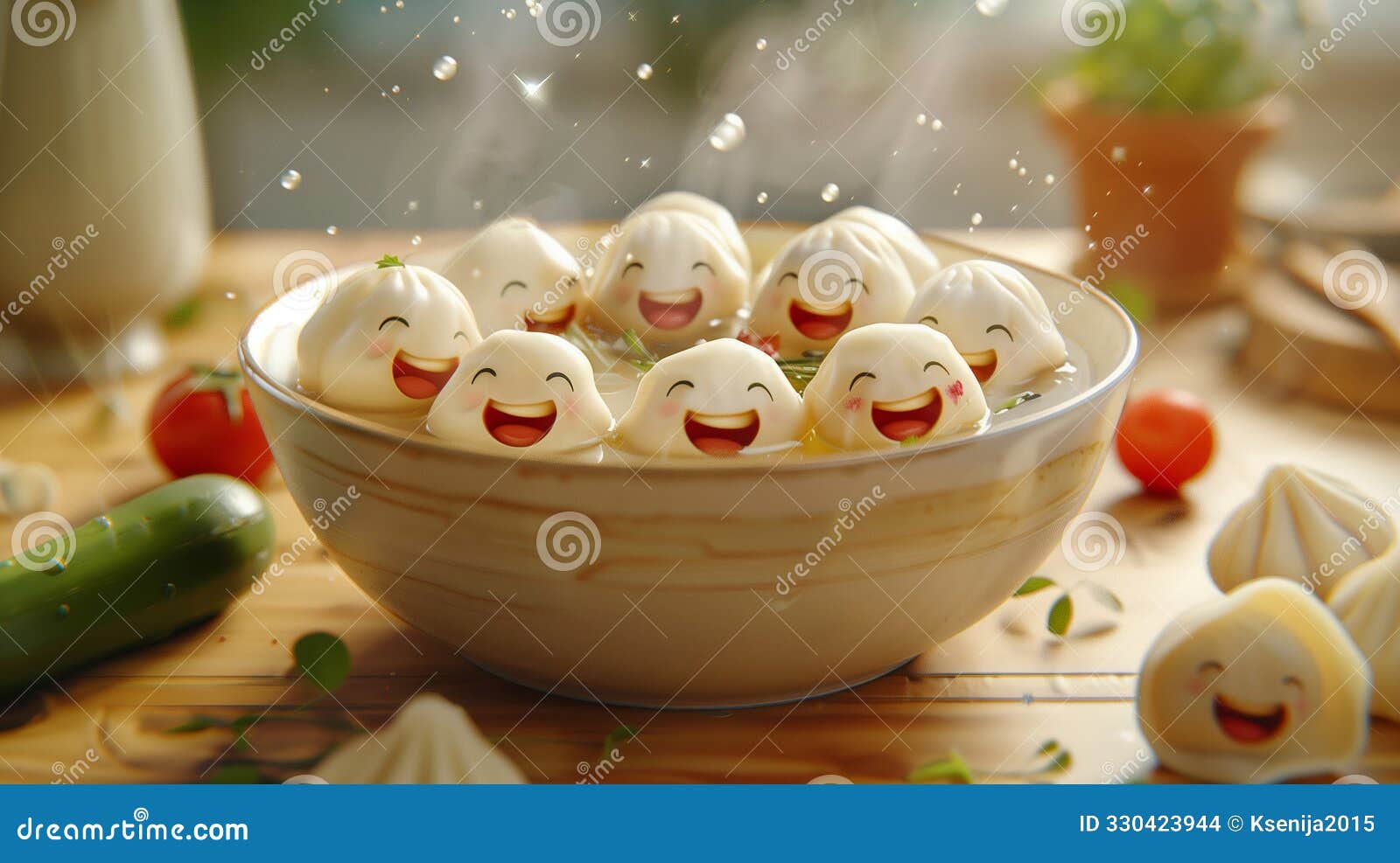 Cute Dumplings With Different Emoticons On A Bamboo Board. Kawaii Dim ...