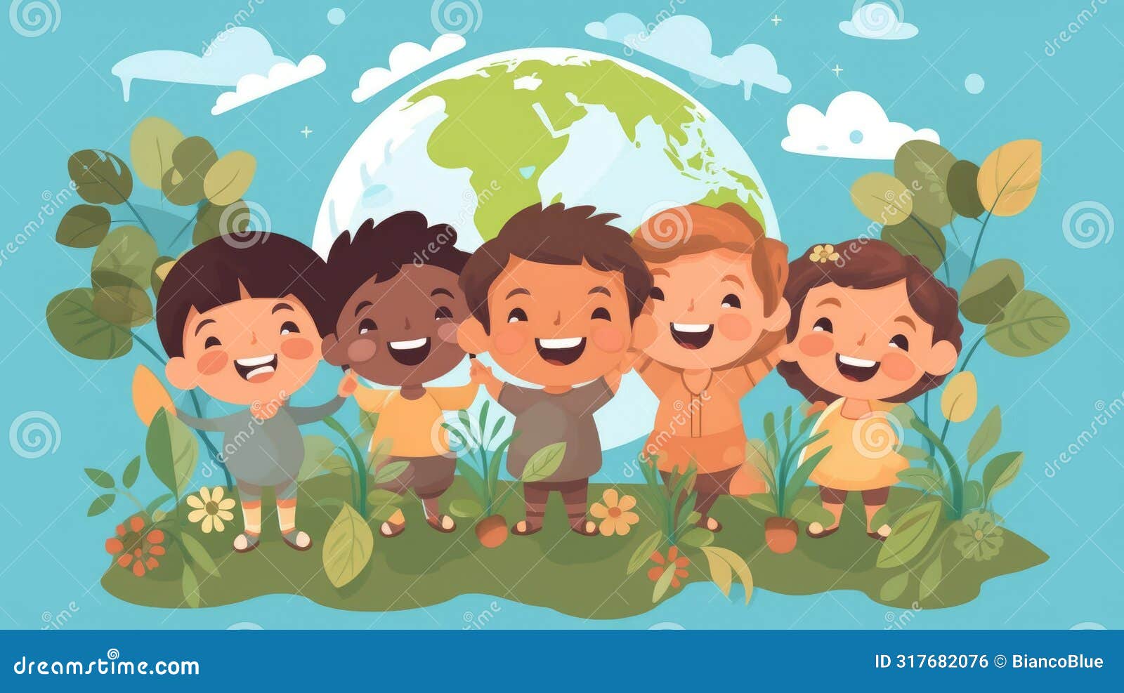 Cute Earth Model Surrounded with Multicultural Children Standing Around ...