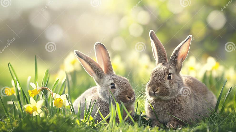 Cute Easter Bunnies in Grass with Daffodils Stock Illustration ...
