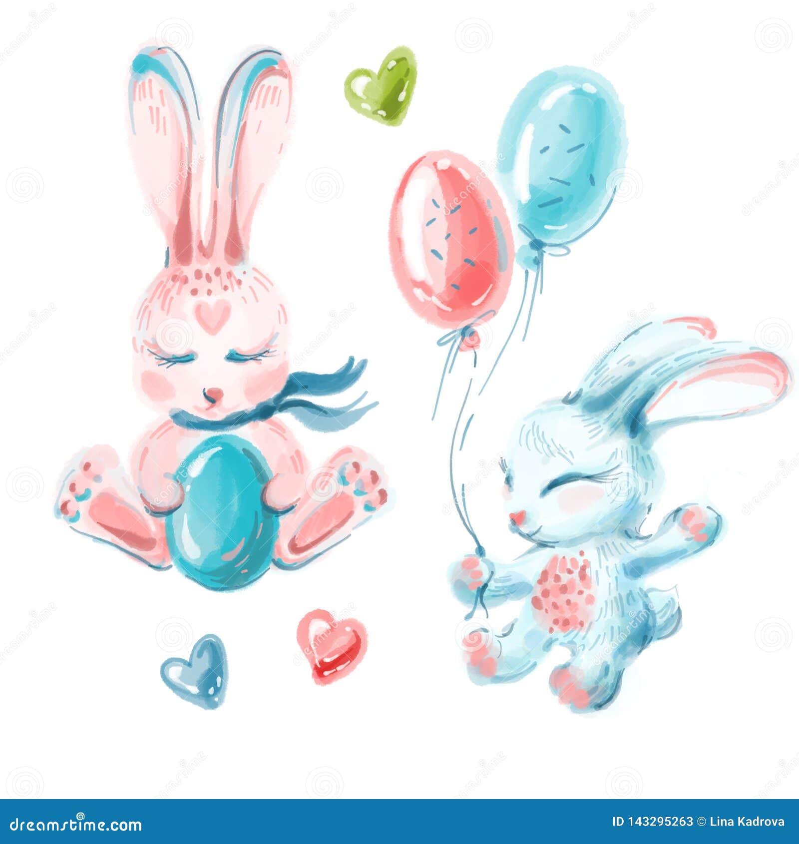 Cute Easter Bunnies Seating , Bunny Holding Egg and Bunny with Balloons ...