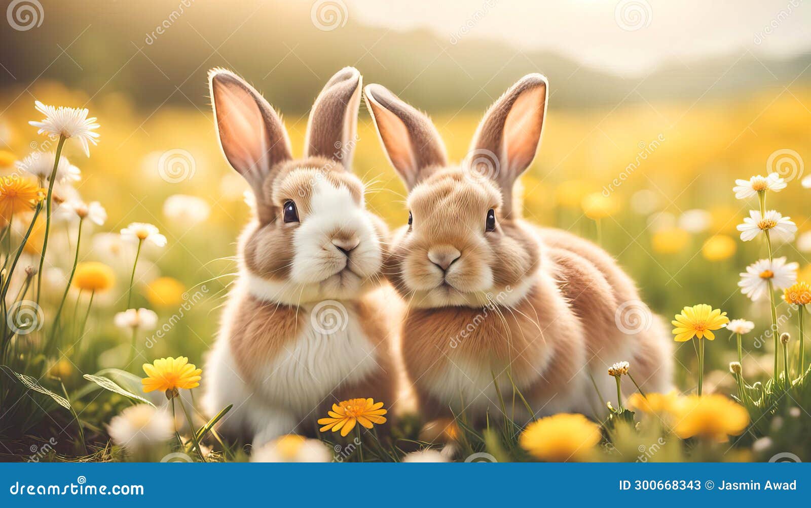 Cute Easter Bunnies In Spring Meadow Stock Illustration Illustration Of April Yellow 300668343
