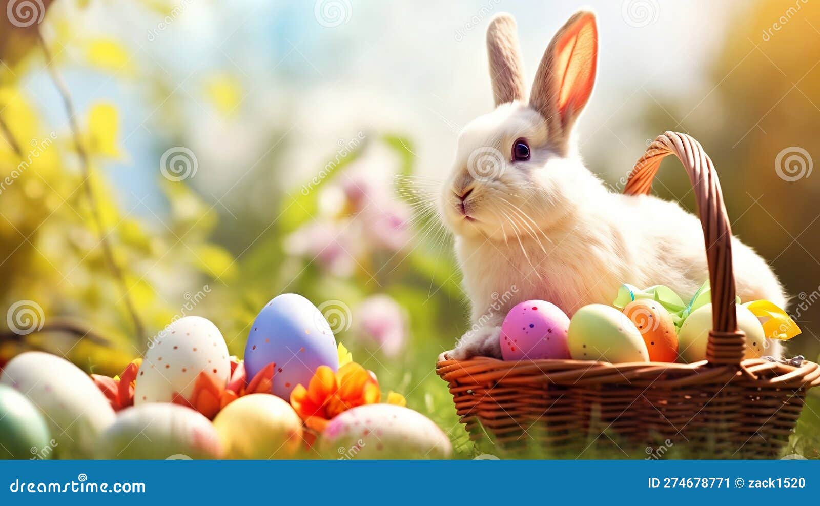 Cute Easter Bunny in Basket of Eggs. Beautiful Spring Sunshine. Stock ...