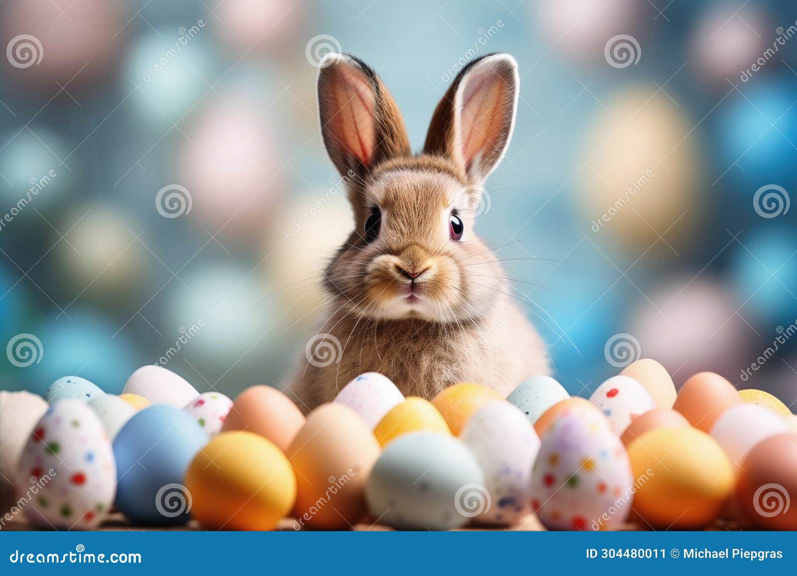 A Cute Easter Bunny with Big Eyes and Eggs and Decoration Stock Image ...