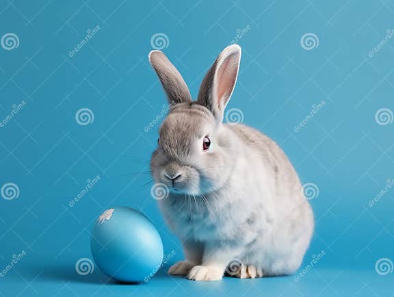 Cute Easter Bunny with Blue Egg on Blue Background. Studio Shot. Made ...