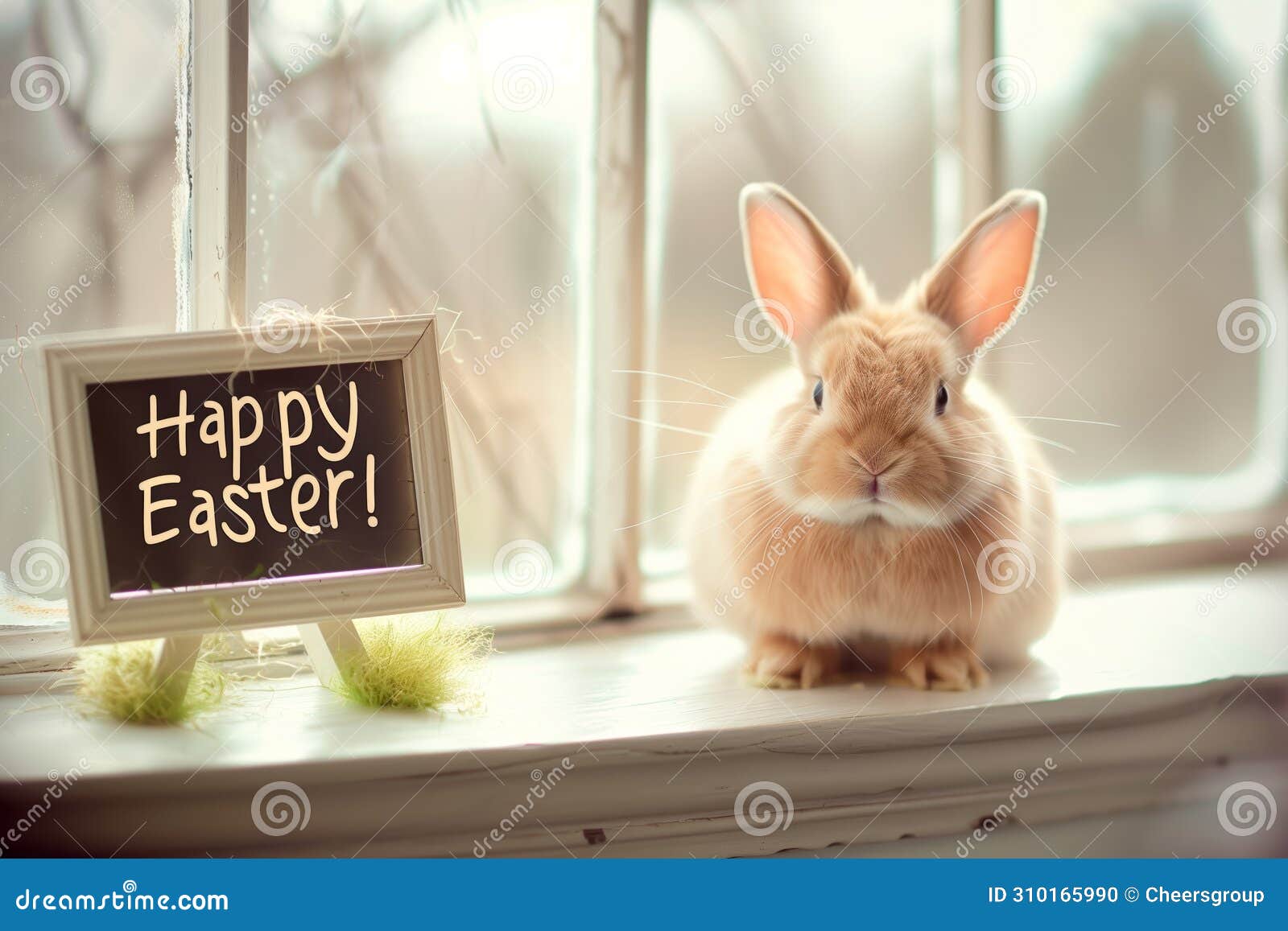 Cute Easter Bunny and Card with Text Happy Easter on Window Sill Stock ...