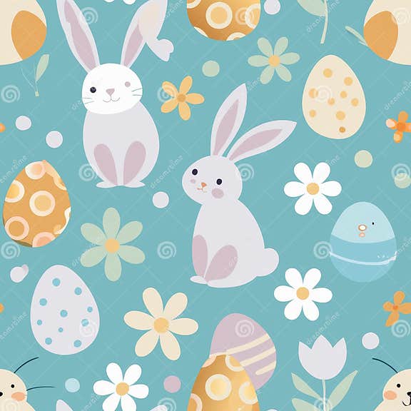 Cute Easter Bunny and Egg Pattern with Spring Flowers on Teal ...