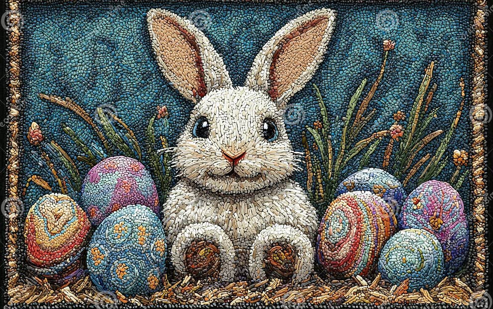 Cute Easter Bunny with Colorful Eggs in Grass Stock Illustration ...