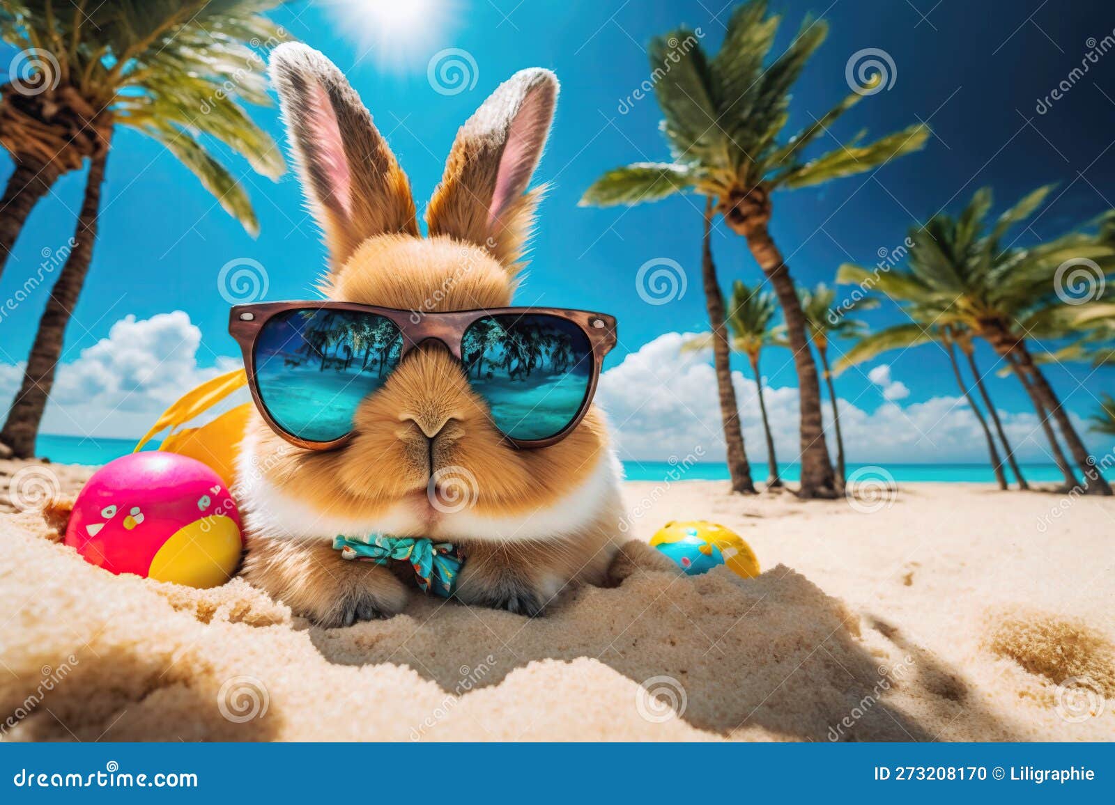 Cute Easter Bunny And Eggs On The Sand Beach With Palm Trees Stock