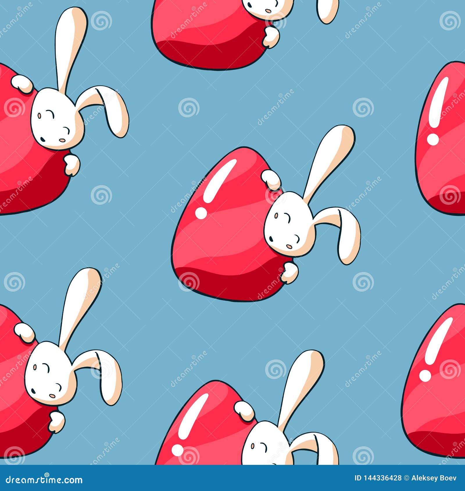 Cute Easter Bunny with Eggs Seamless Pattern. Doodle Rabbit with Easter Egg on Blue Background ...
